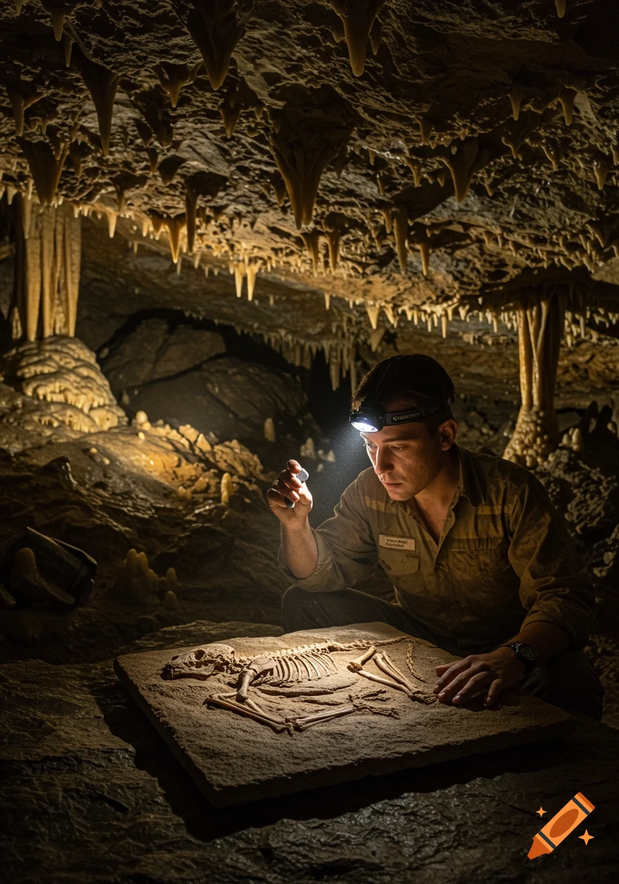 A man wearing a headlamp examines a fossil skeleton embedded in a rock ...