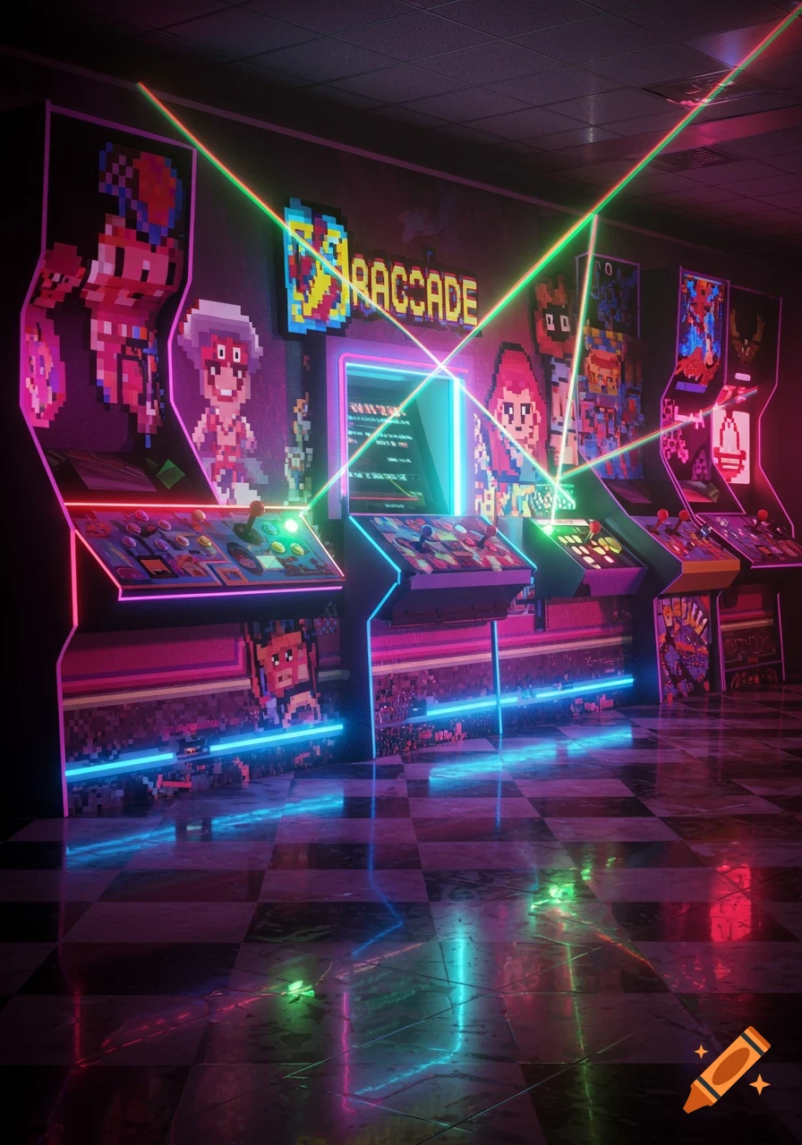 Retro 80s style arcade with vibrant neon lights, pixel art arcade ...