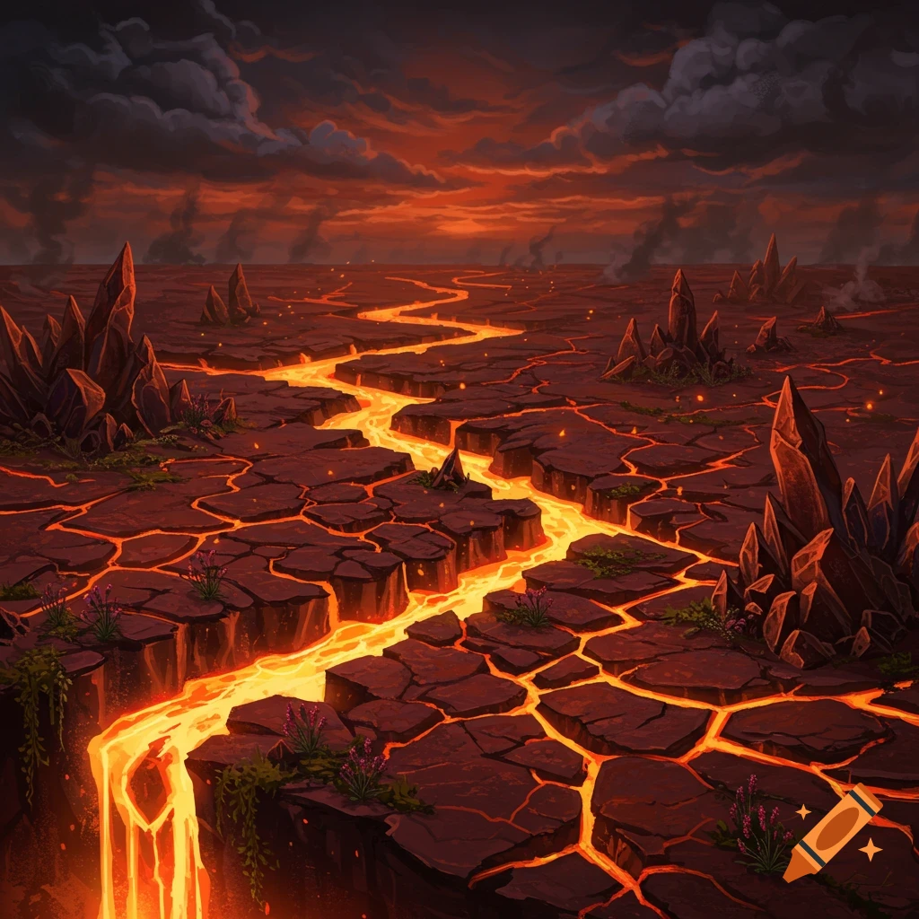 A dramatic landscape of cracked earth with glowing orange lava flowing ...