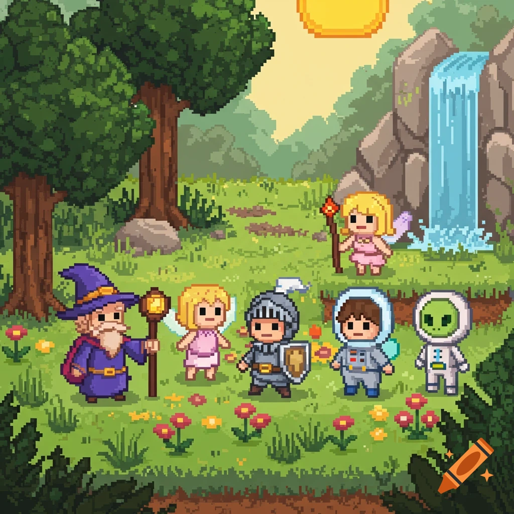 A large pixelated green leaf hangs down into a pixel art video game ...