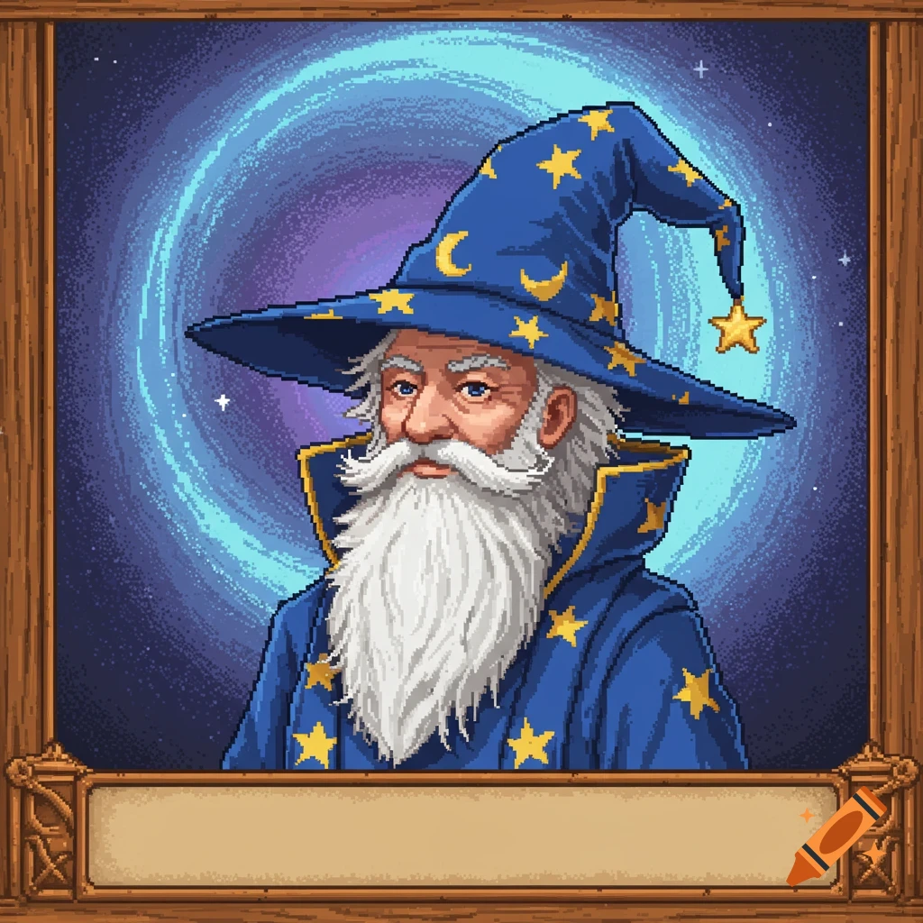 Pixel art portrait of an elderly wizard with a white beard and blue ...