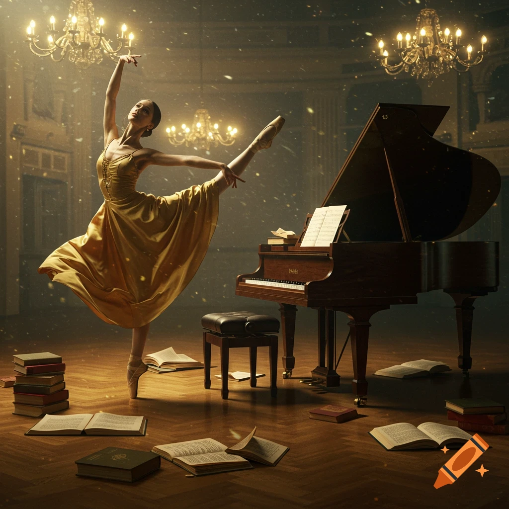 A woman in a red gown sits on a grand piano while a man in a tuxedo ...