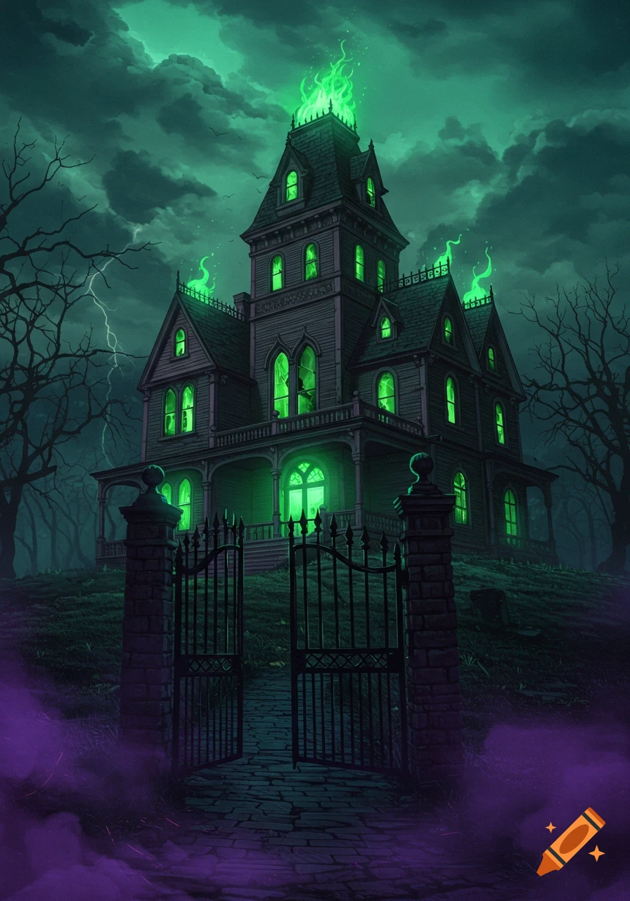 An old, ominous abandoned stone mansion covered in ivy under a dark ...