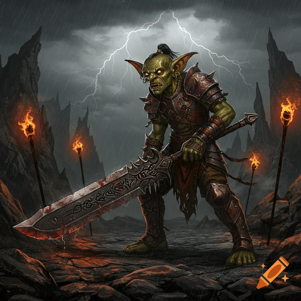 A grim dark goblin warrior holding a blood-stained greatsword stands on rocky terrain under a ...