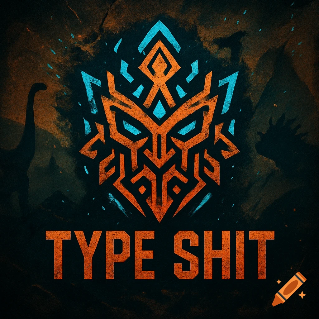 Stylized orange and blue tribal mask logo with dinosaur silhouettes and ...