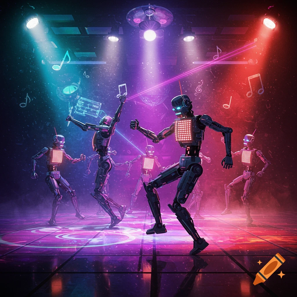 Three stylized, glowing figures dance amidst vibrant colorful waves and ...