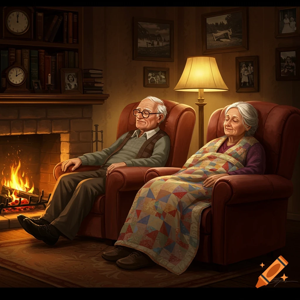 Photorealistic image of an elderly woman in an armchair next to a ...