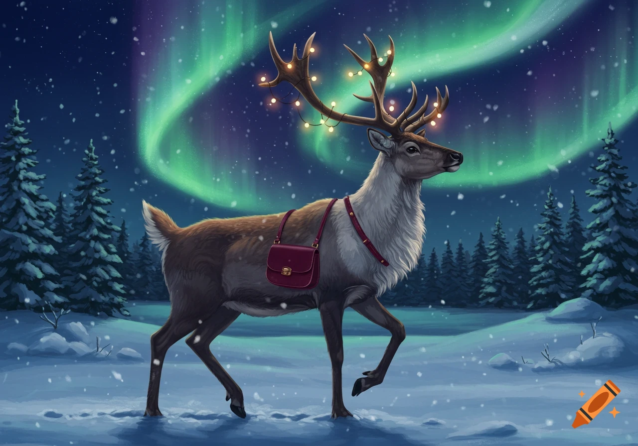 Rudolph the Red-Nosed Reindeer walks through a snowy forest with ...
