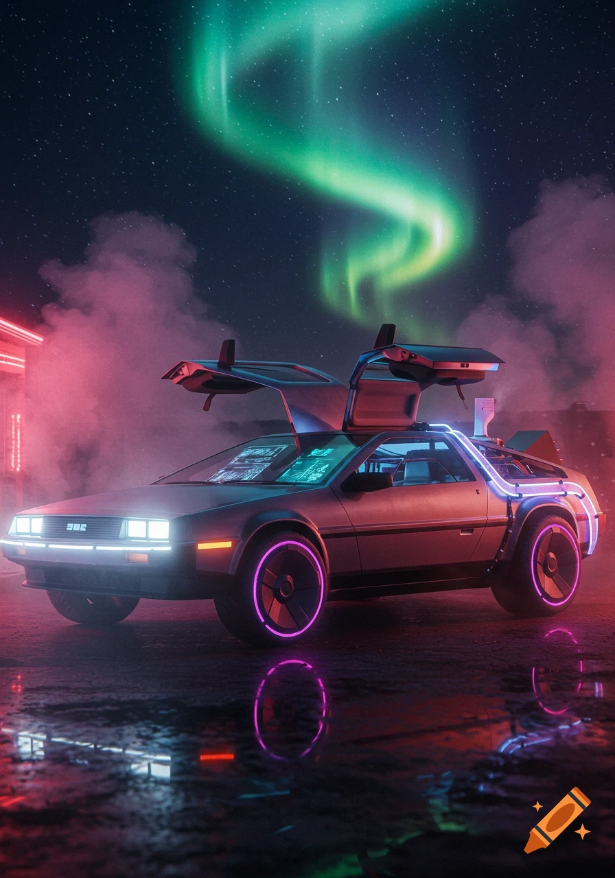 Marty McFly in a time-traveling DeLorean, exhaust flames trailing ...