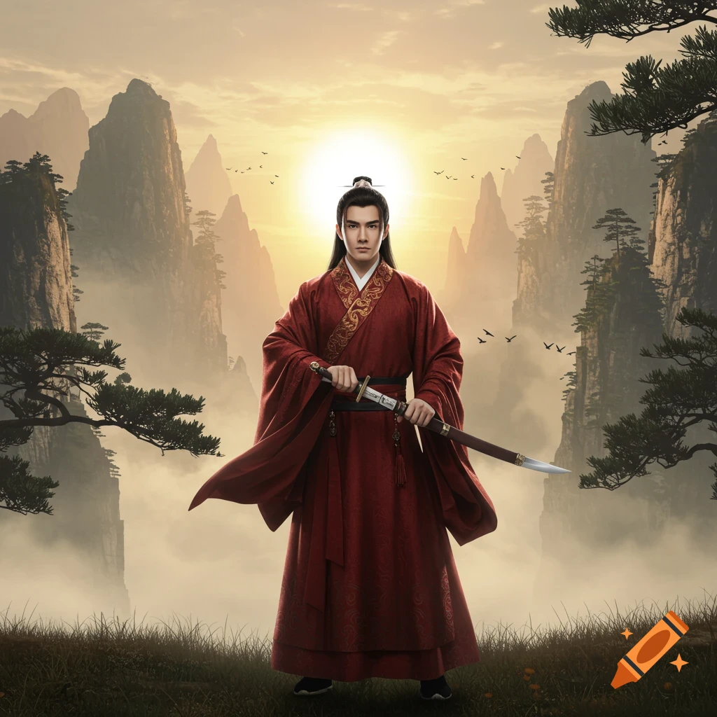 A man in a red traditional Chinese robe holds a sheathed sword ...