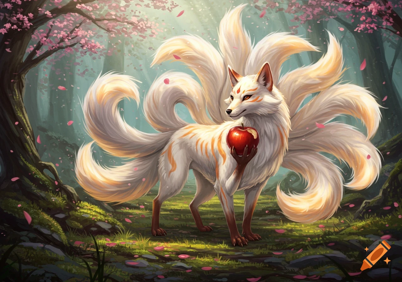 A nine-tailed kitsune eats a multi-scoop ice cream cone in a bustling ...