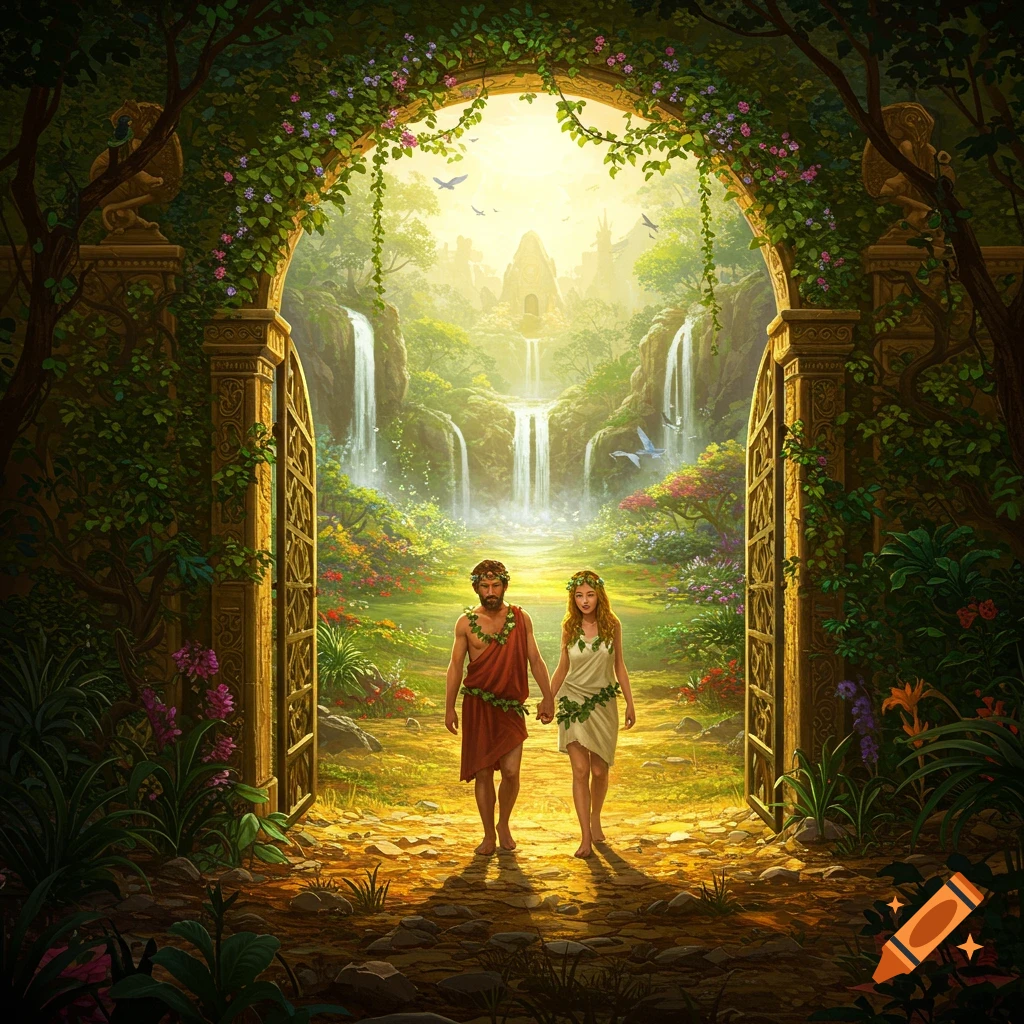 Adam and Eve hold hands in a lush, vibrant Garden of Eden with a river ...
