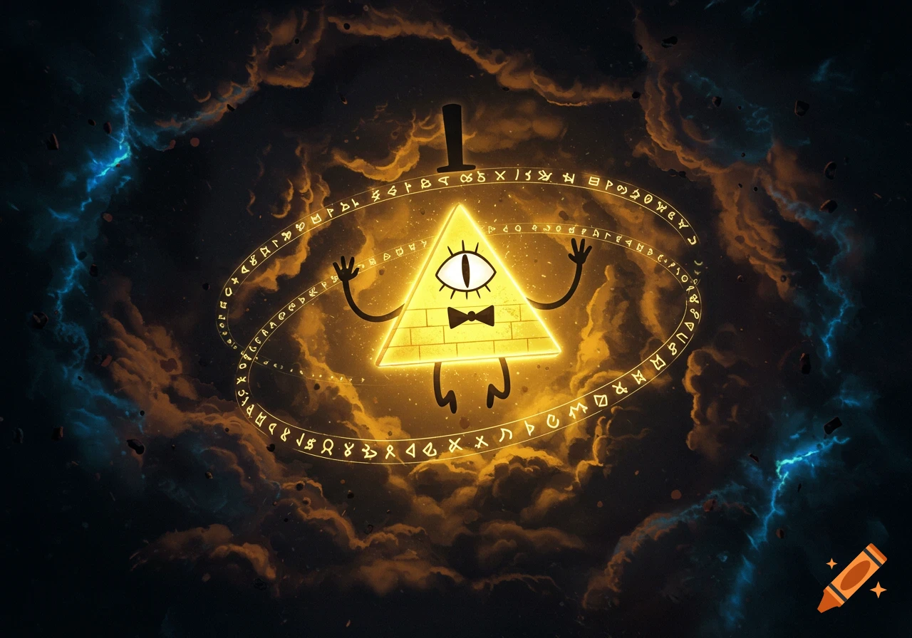 Glowing Bill Cipher, a triangular character with an eye and top hat ...