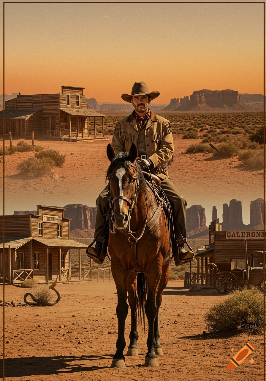 A cowboy on a horse in a dusty Old West town, with wooden buildings and ...