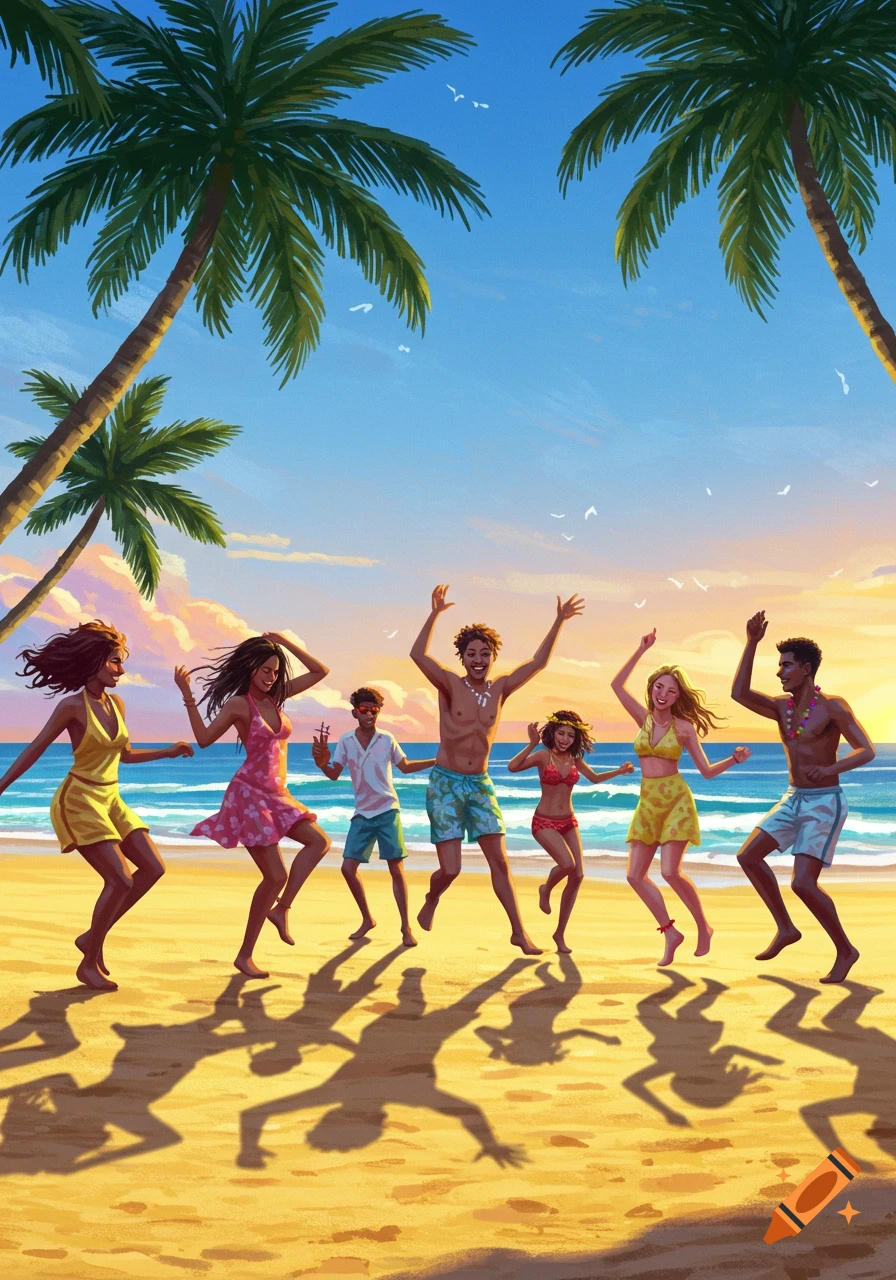 A stylized illustration of a diverse group of people dancing joyfully ...