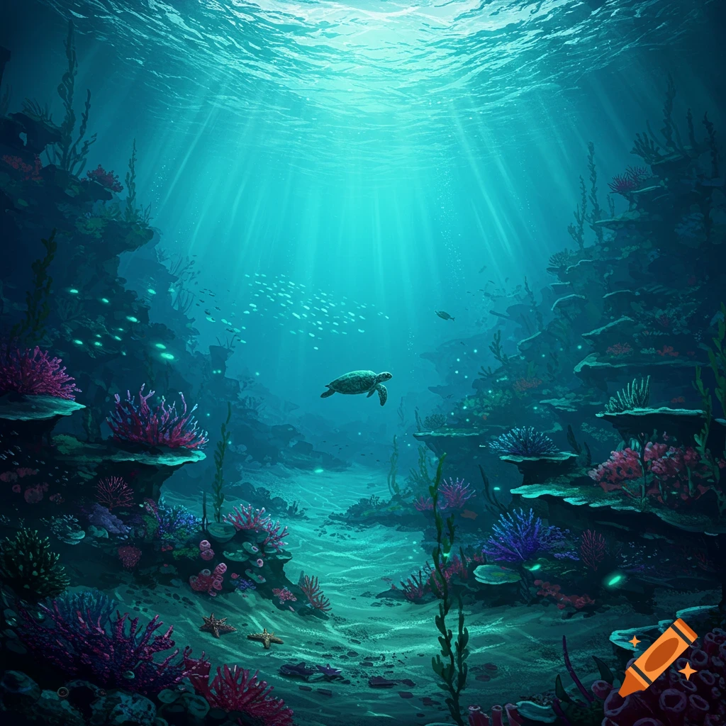 A 2D pixel art underwater scene with a dolphin swimming amidst fish and ...