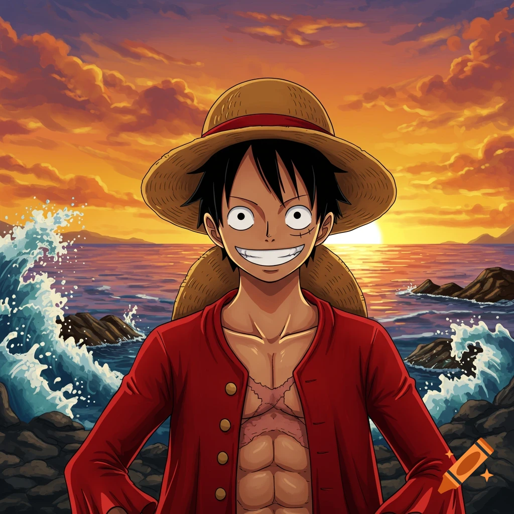 Muscular, shirtless anime character Luffy in a straw hat on a wooden ...