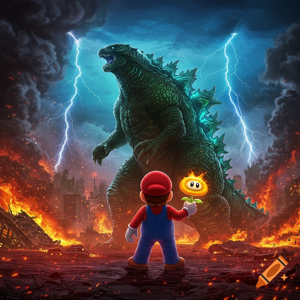 Mario holds a fire flower, facing a gigantic Godzilla in a destroyed ...
