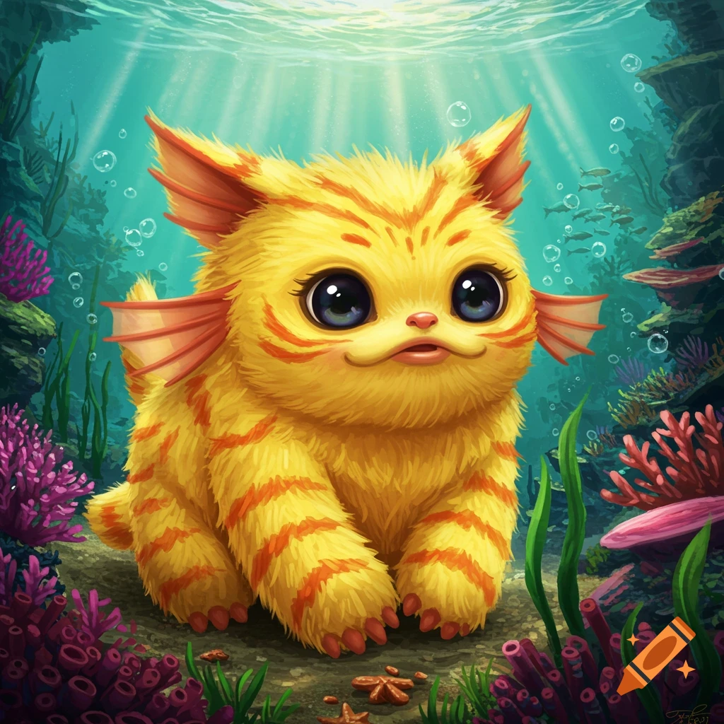A cute yellow furry creature with orange stripes, big dark eyes, and ...