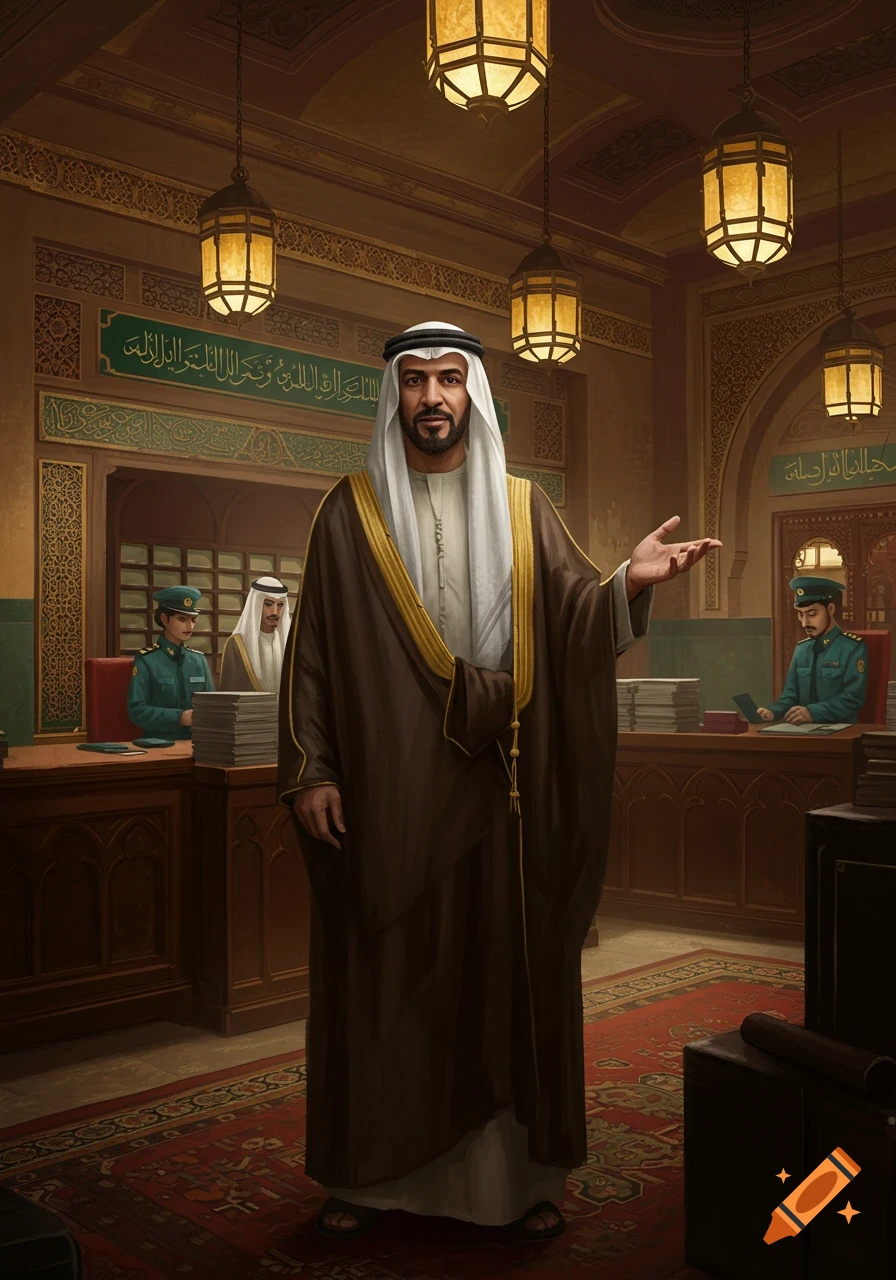 A photorealistic chicken dressed in a white thobe and red-and-white ...