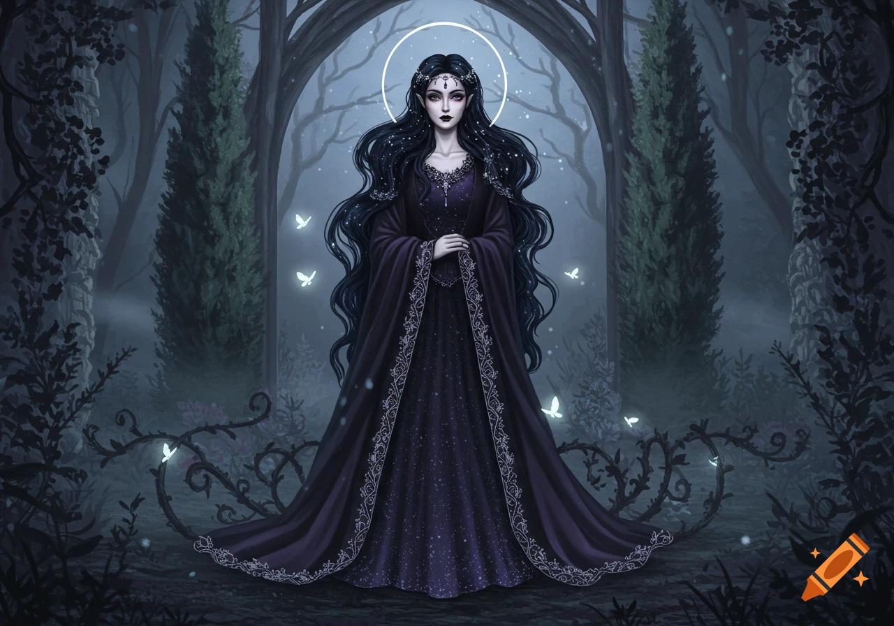 A dark-haired woman in a hooded cloak with glowing eyes stands in an ...