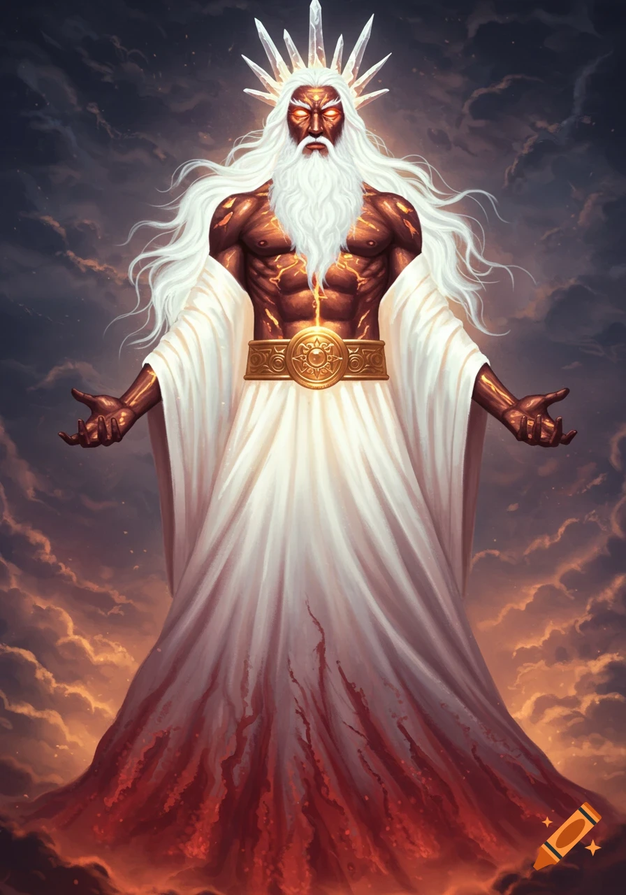 Powerful Zeus, with a glowing beard and lightning, holds a golden ...