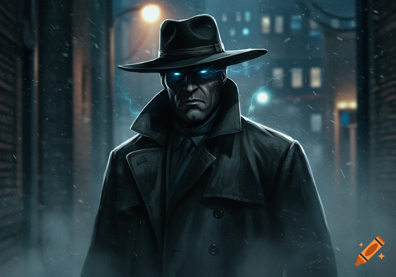 A hooded vigilante in a black jacket and a creepy white mask with sharp ...