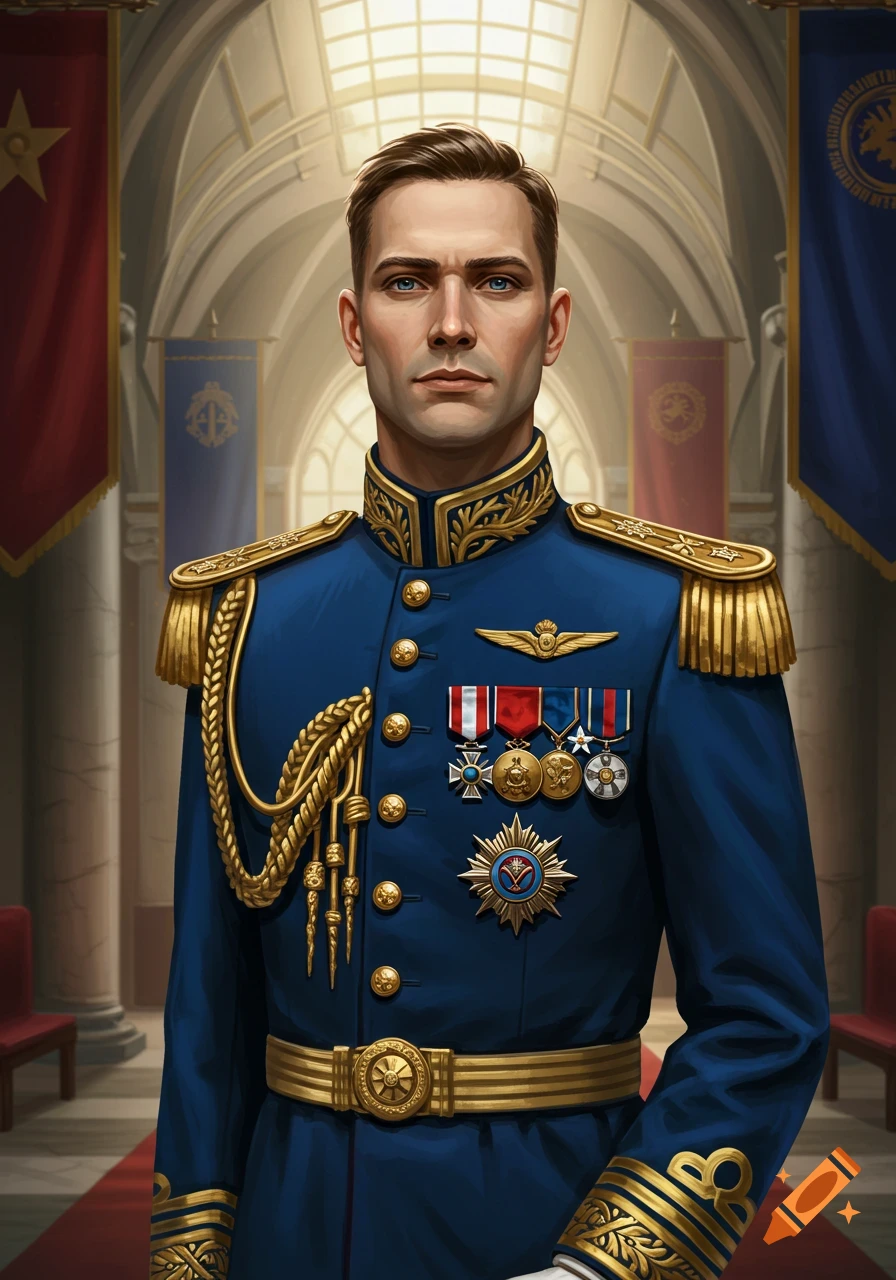 A man in a black and red futuristic military dress uniform with gold ...