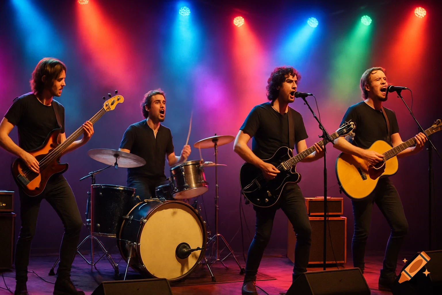 Four musicians play guitar, bass, drums, and keyboard in a recording ...