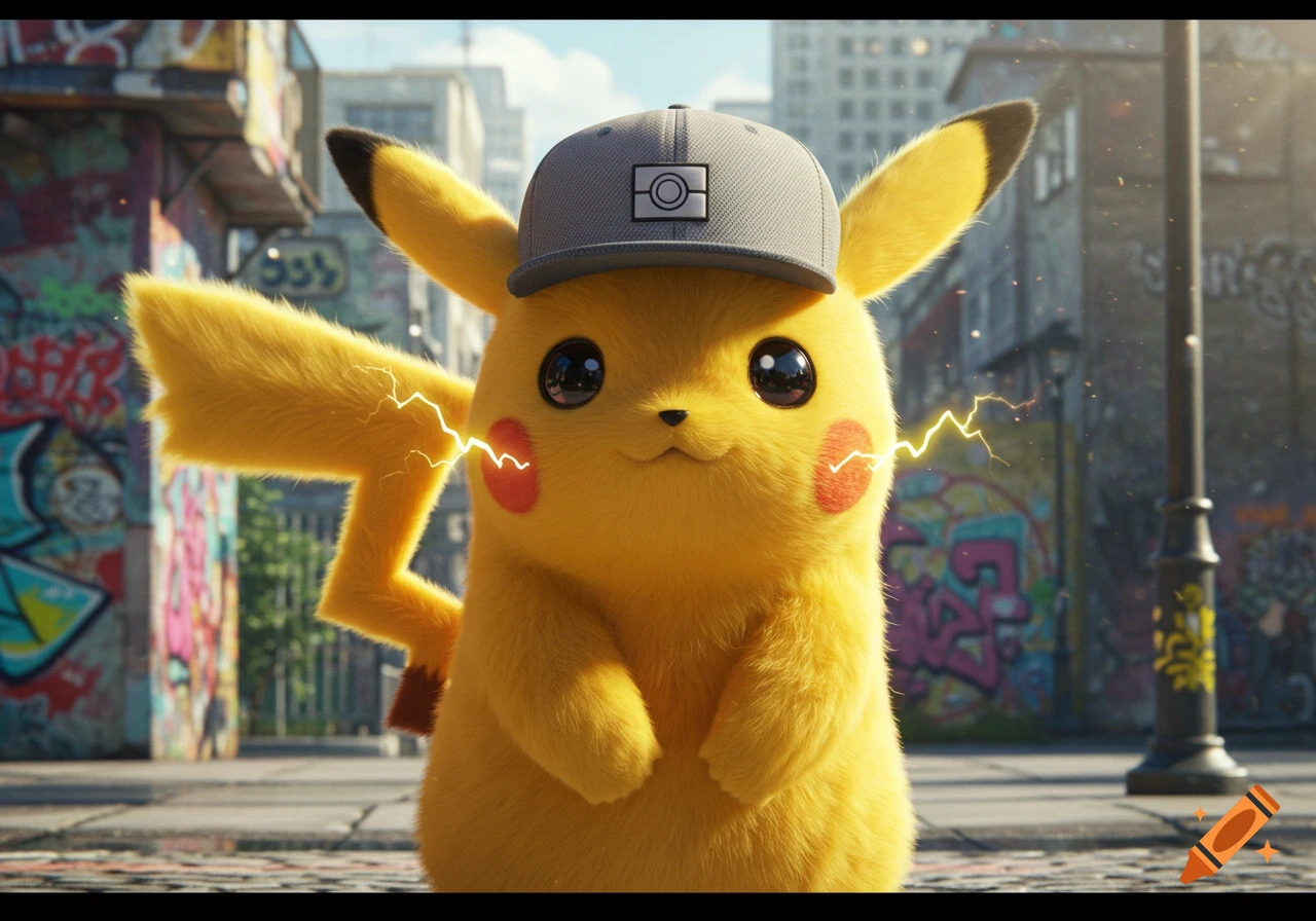 Pikachu dressed as a Western gunslinger, holding a revolver, with a red ...