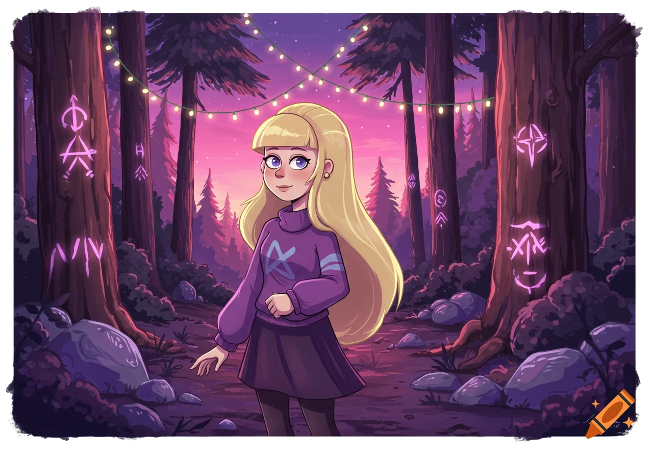 Pacifica Northwest from Gravity Falls stands in a mystical purple and ...