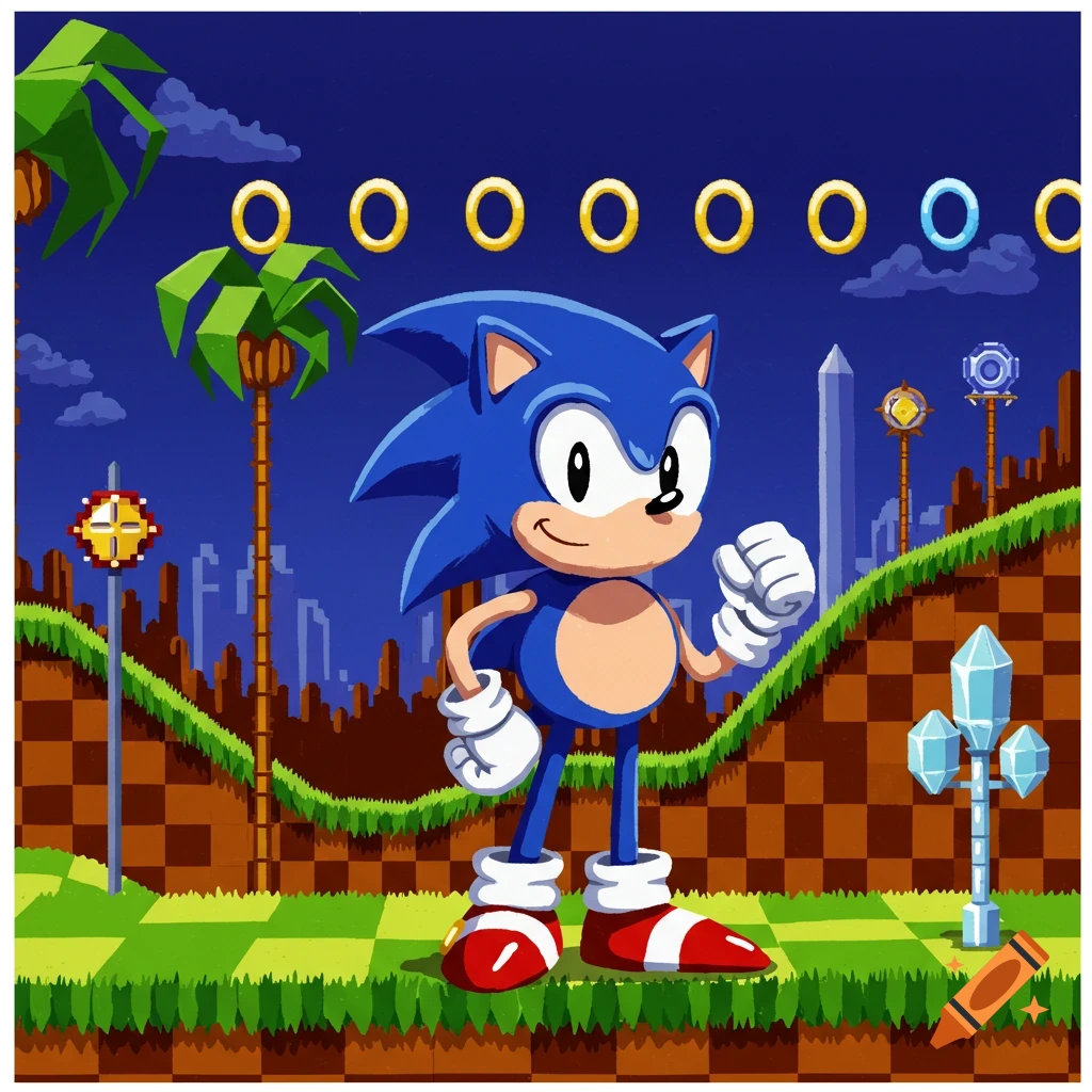 Classic Sonic the Hedgehog cartoon jumps, pointing a finger in a ...