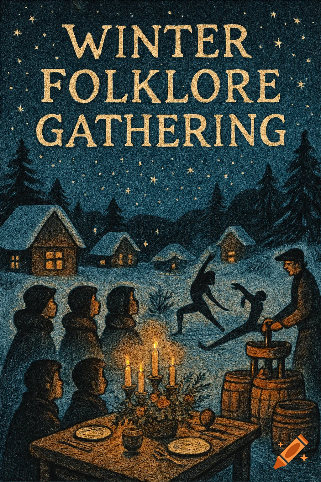 Cartoon of people and a dog walking in a snowy town with buildings ...