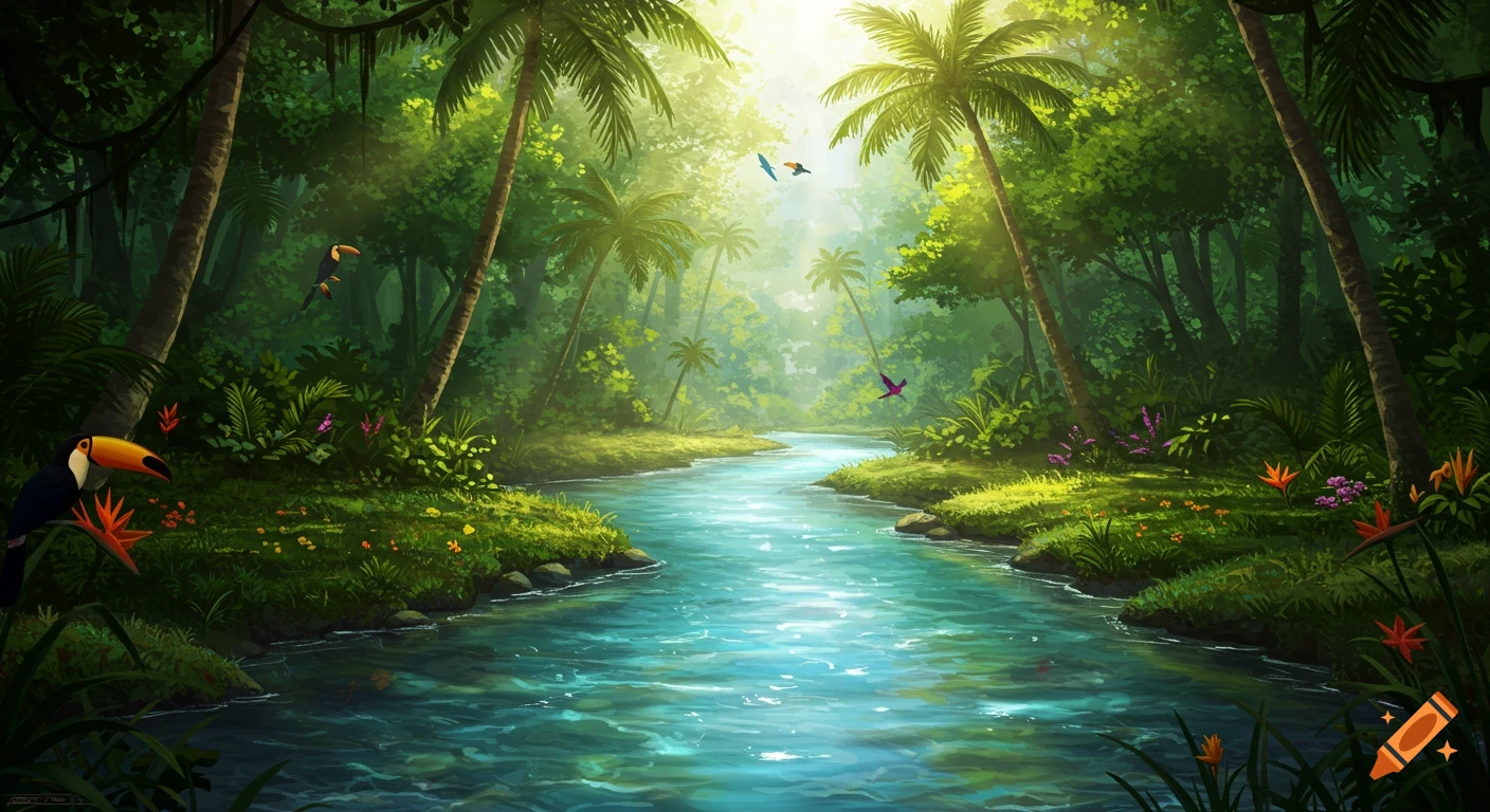 Lush, sunlit tropical jungle scene with a winding river, vibrant ...