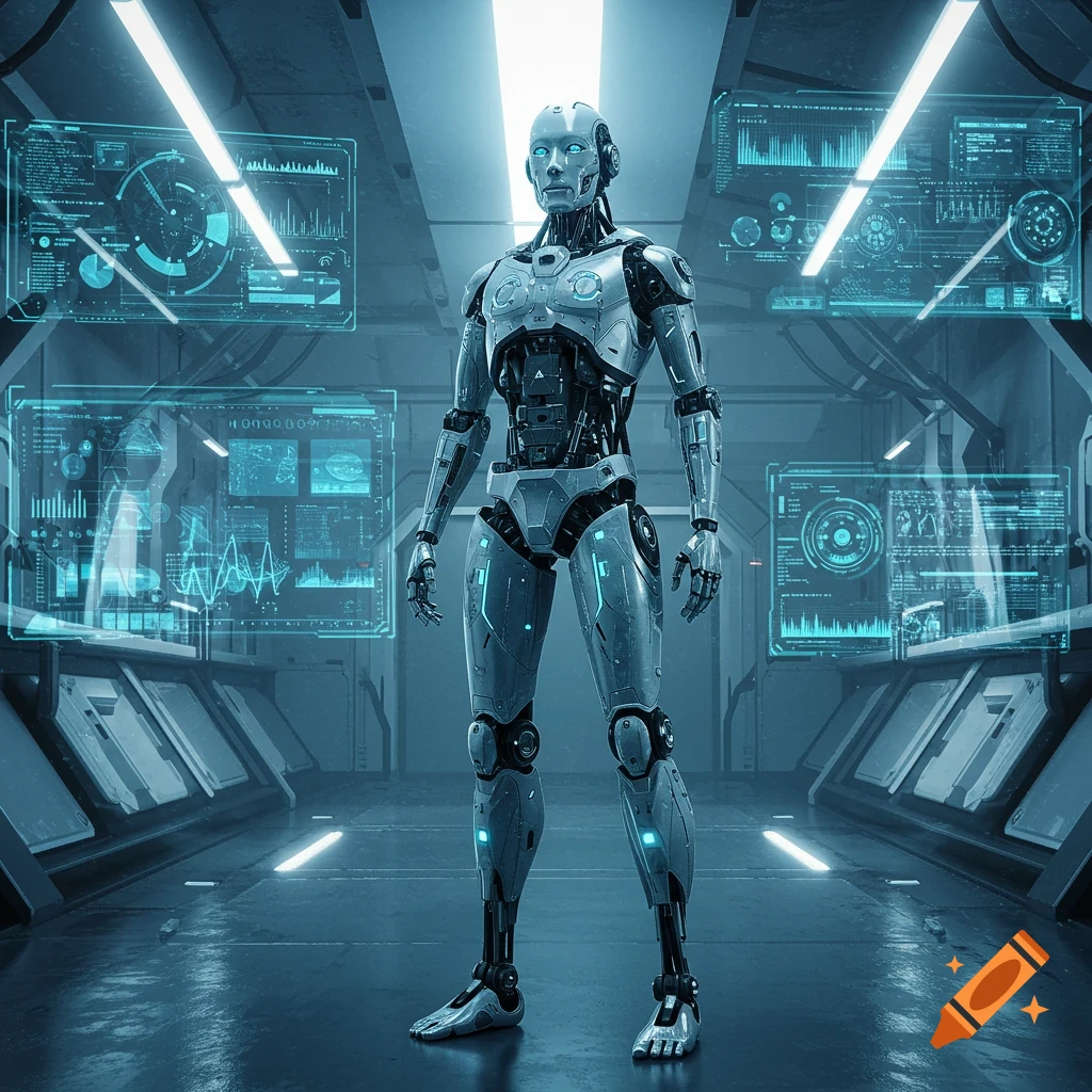 A giant, metallic quadrupedal robot with glowing blue accents stands in ...