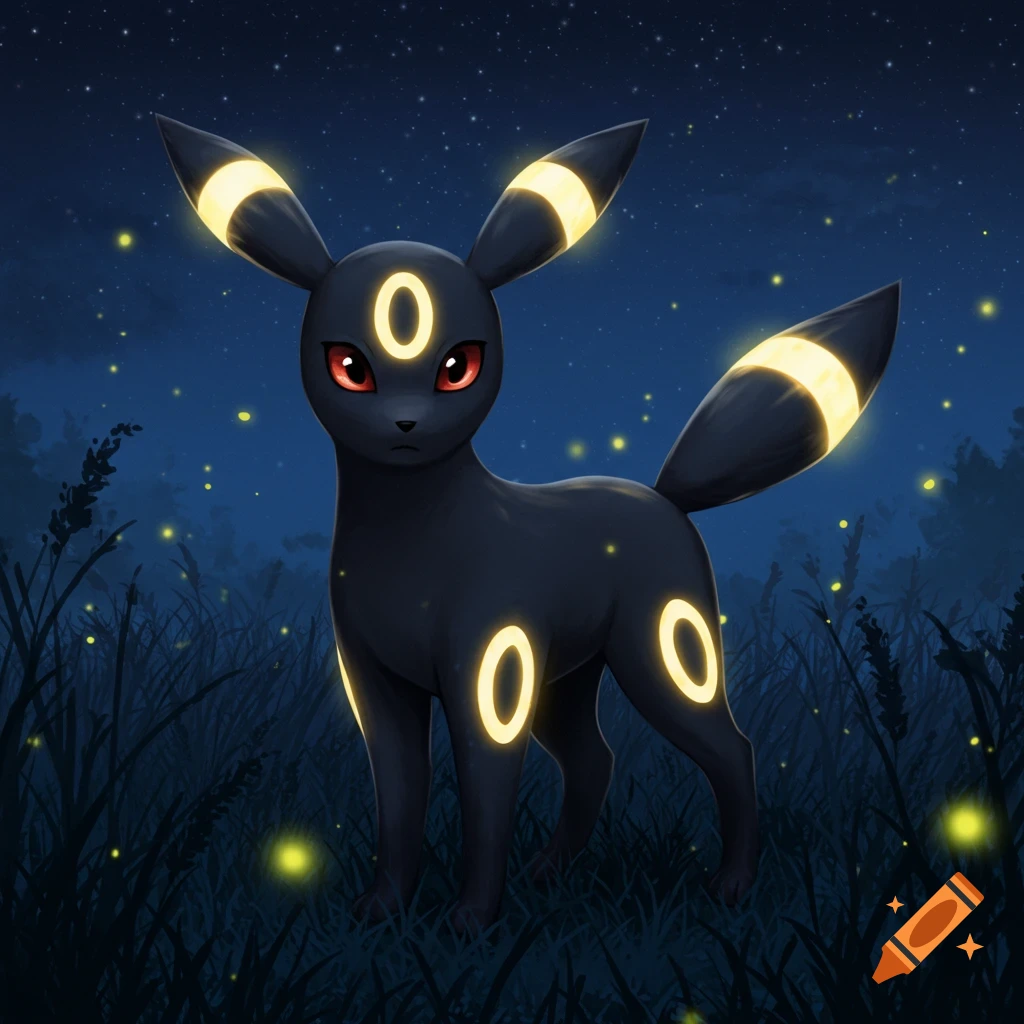 A black Umbreon with glowing yellow rings and red eyes stands in tall ...