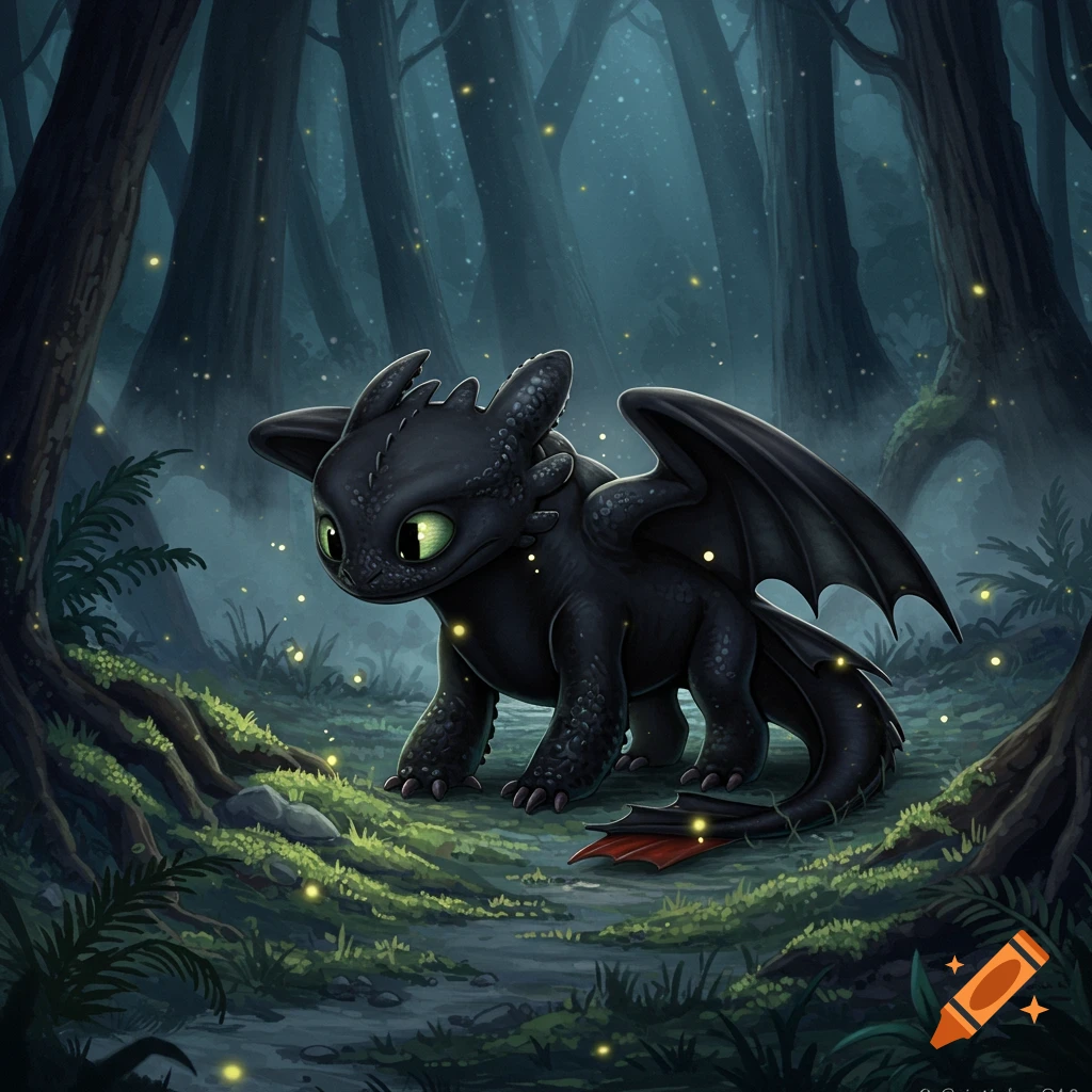 A cute black cartoon dragon with green eyes, resembling Toothless ...