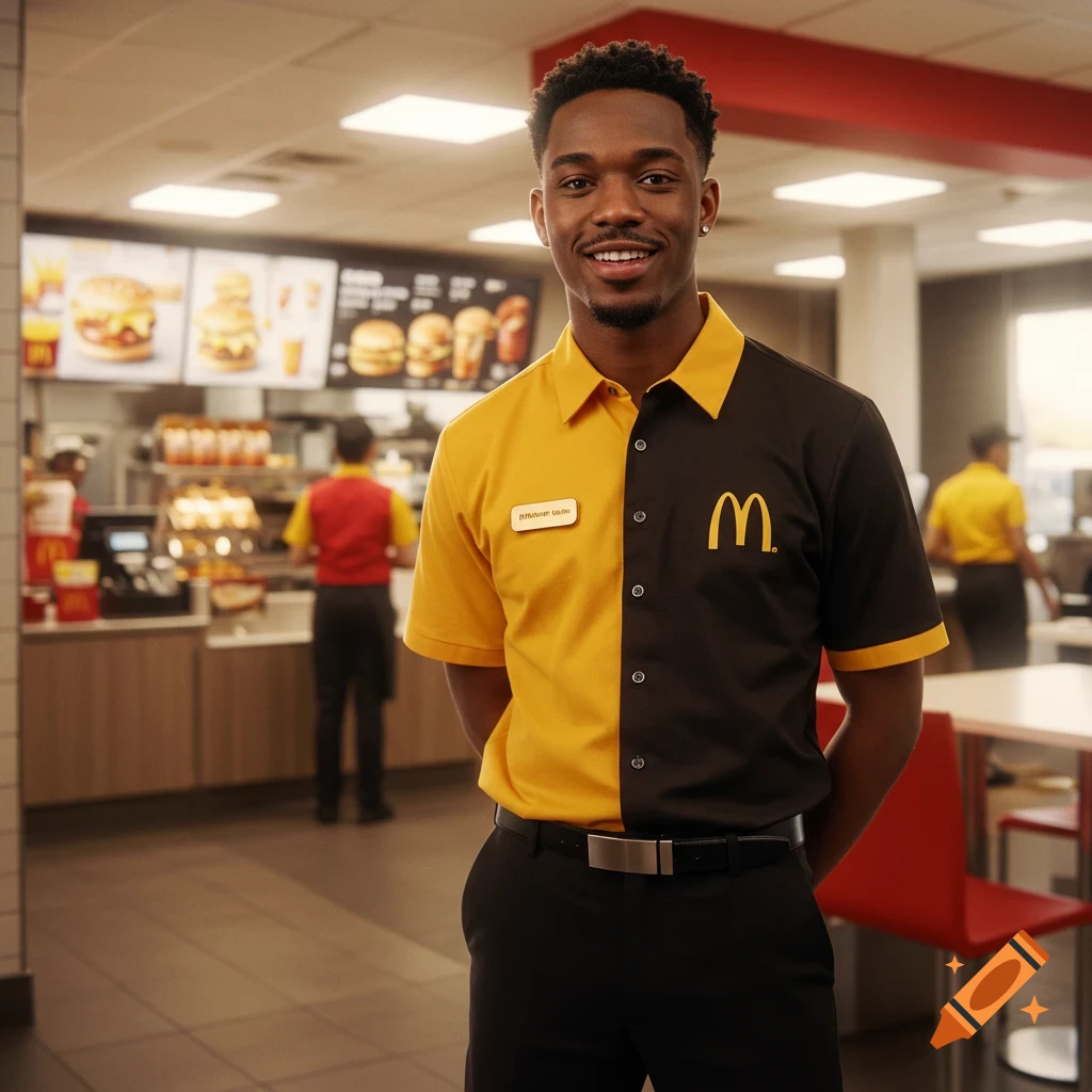 A smiling Black man in a split yellow and black McDonald's uniform ...