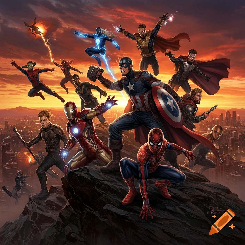 Marvel superheroes Iron Man, Black Widow, Captain America, and Spider ...