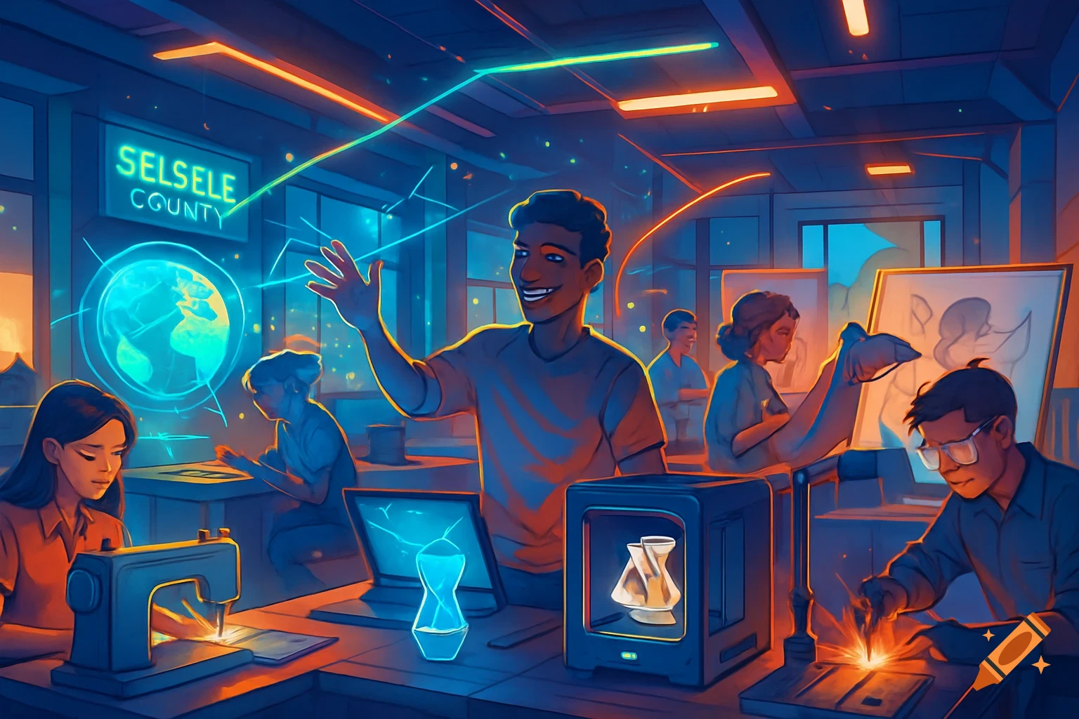 A conceptual art piece combining space, dinosaurs, cityscapes, people ...