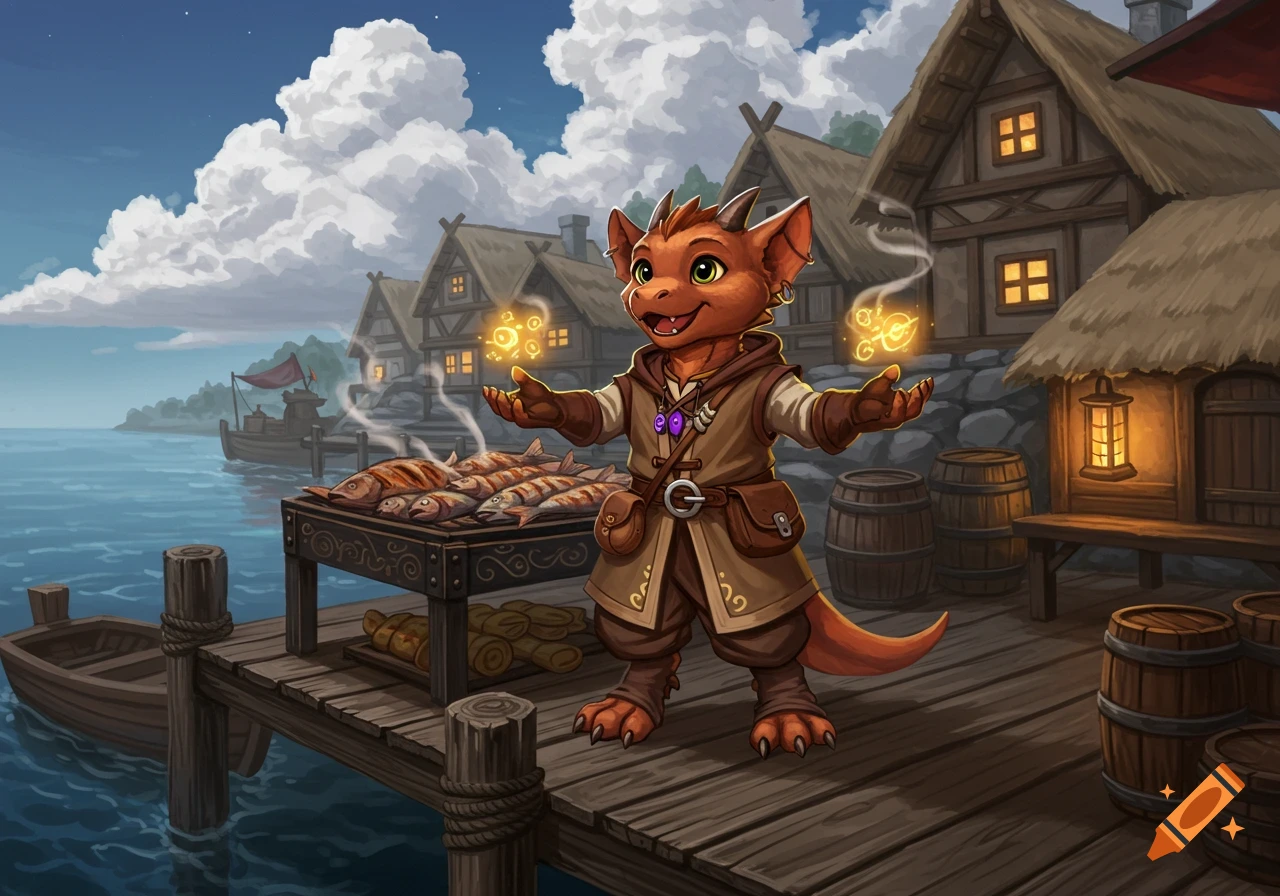 Cute copper-skinned kobold sorcerer on a dock, grilling fish and ...