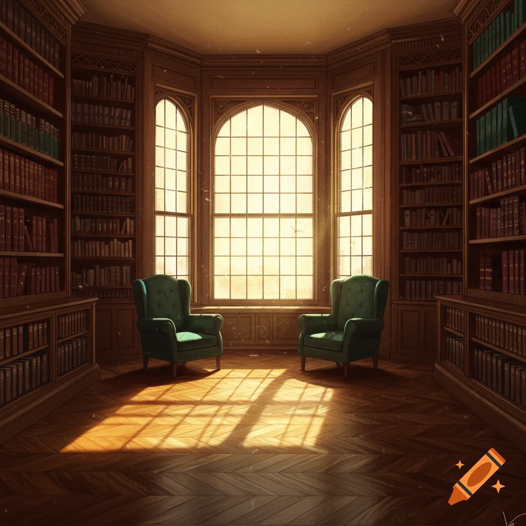 A cozy library room with wall-to-wall bookshelves, a bay window with ...