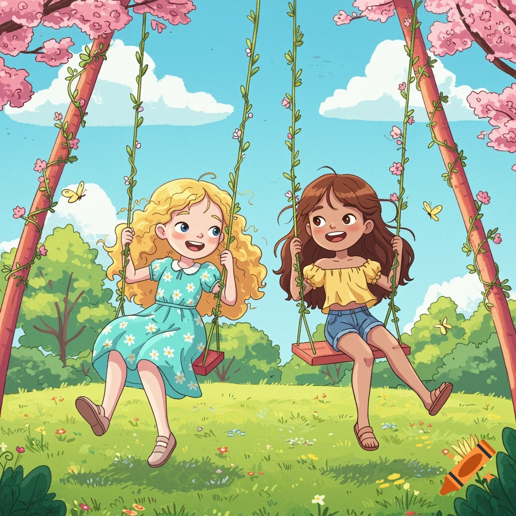 Two smiling cartoon girls jump rope in a sunny park playground. on Craiyon