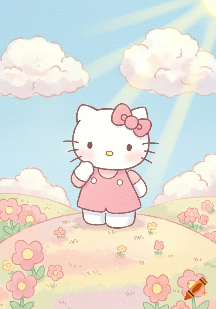 A kawaii cartoon illustration of Hello Kitty in a school uniform and ...