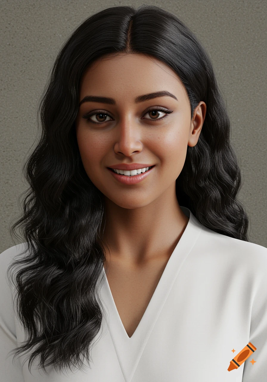 A close-up photorealistic portrait of a young South Asian woman with long dark wavy hair ...