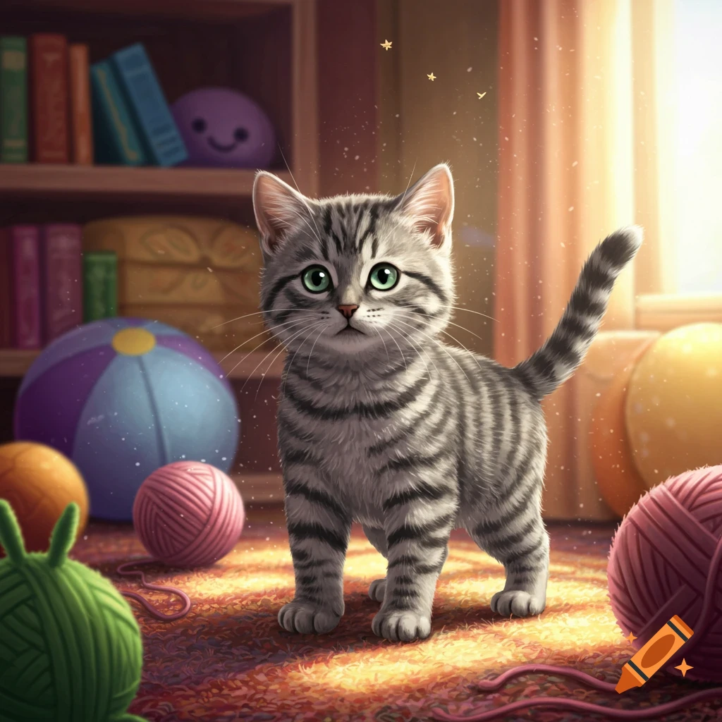 A fluffy white and brown kitten with blue eyes sits on a cat-themed rug ...