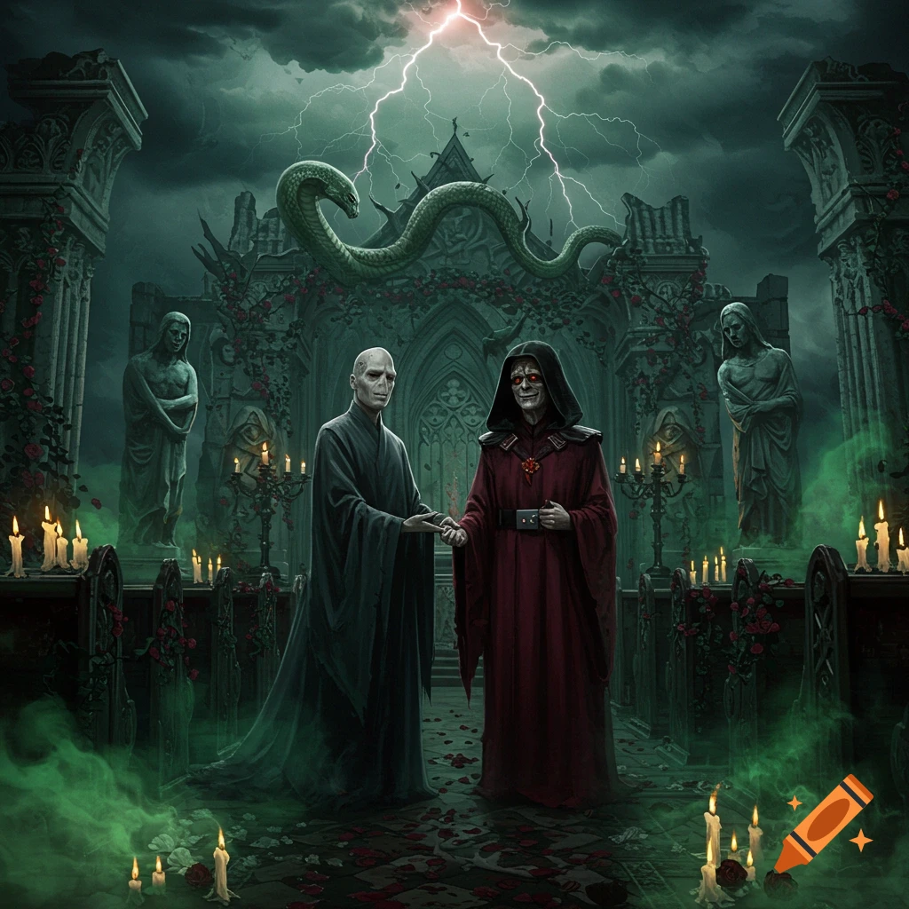 Voldemort in a dark gothic hall with green mist, a snake on his ...