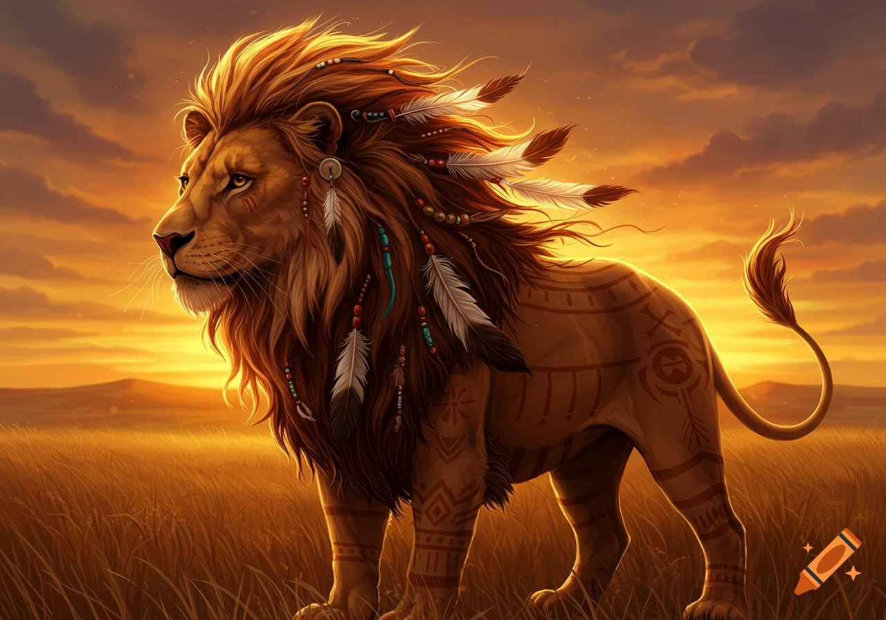 Majestic lion with a flowing mane adorned with feathers and beads, and ...