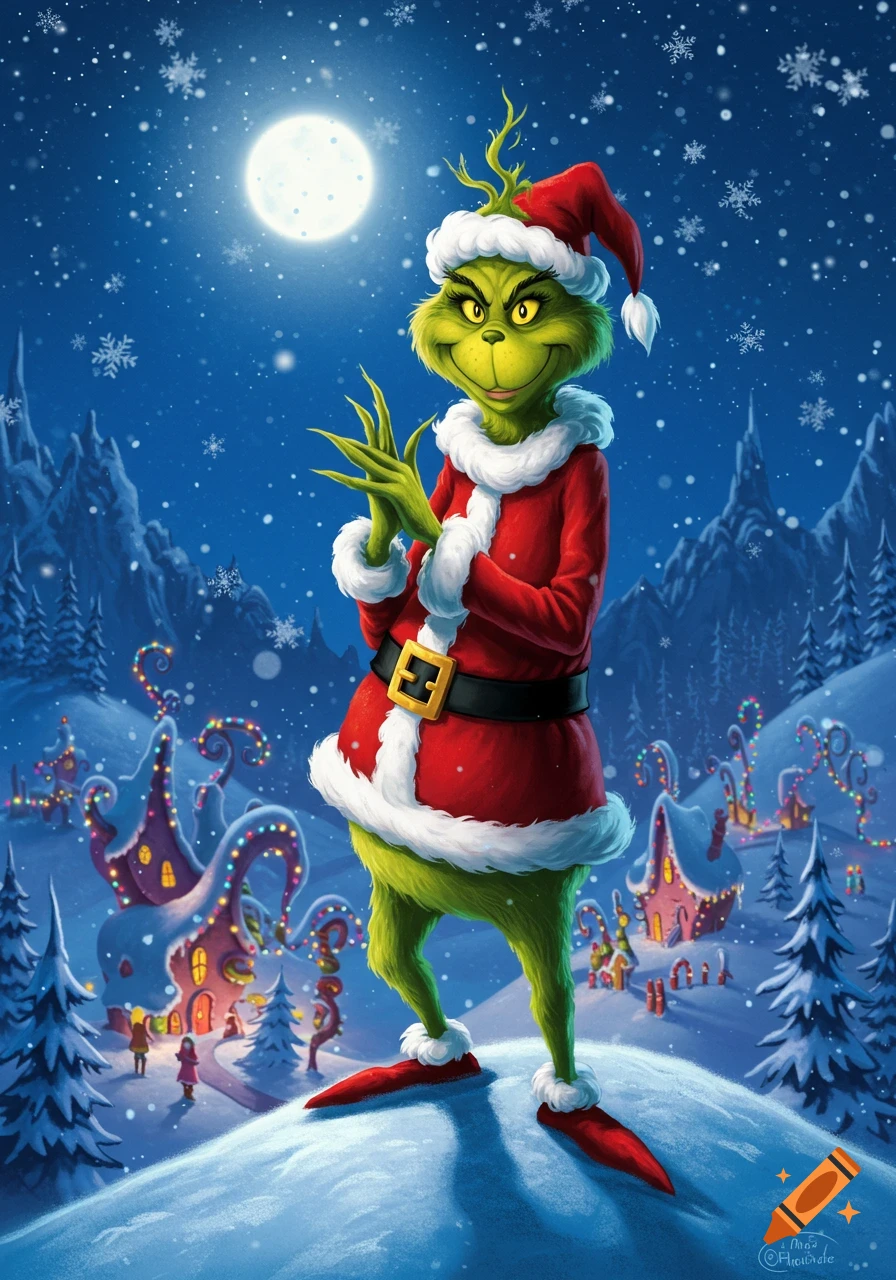 The Grinch wearing a Santa hat rides a white unicorn through a snowy ...