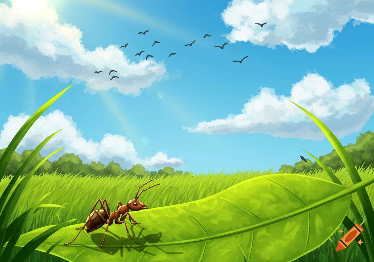 An illustrated red ant stands on a large green leaf in a sunny, grassy ...
